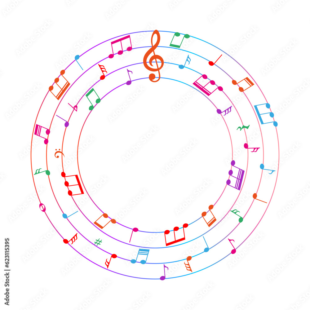 Round colorful musical background, music notes on circle lines, vector ...