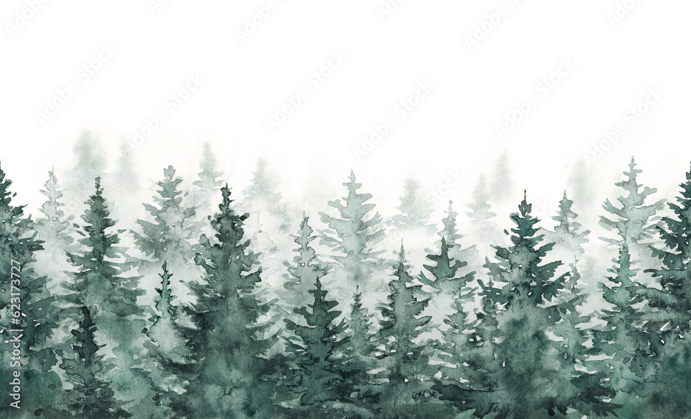Hand painted watercolor illustration, seamless pattern of misty forest ...