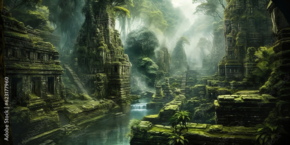 ancient and overgrown mayan temple ruins in the jungle, lost place in ...