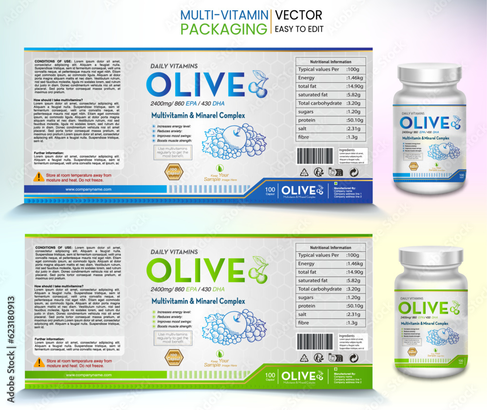 Multivitamin Label, Vitamin pack, Supplement labels, Vector bottle ...