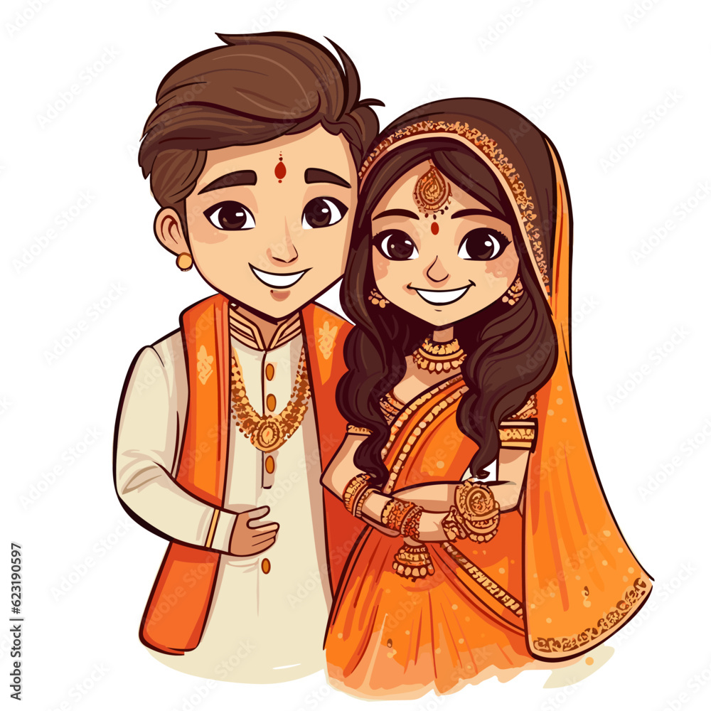 Indian couple hand-drawn comic illustration. Indian couple. Vector ...
