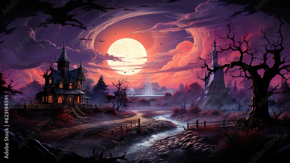Spooky Halloween Night Watercolor Background, Mysterious House, Forest ...