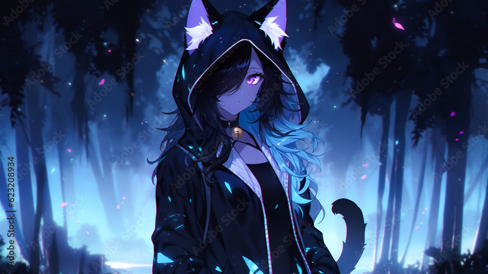 Young Cat Girl Anime Character Cute Pointy Ears Colourful Background