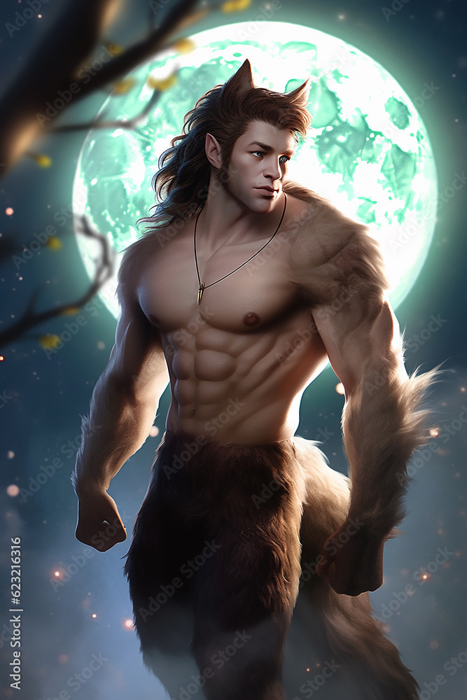 fantasy male wolf furry art, male werewolf with open torso, muscular ...