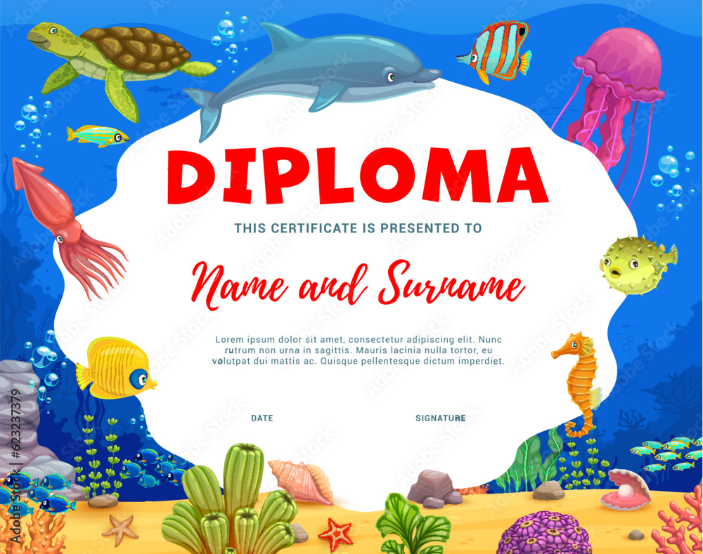 Kids diploma, cartoon animals and fish in underwater landscape ...