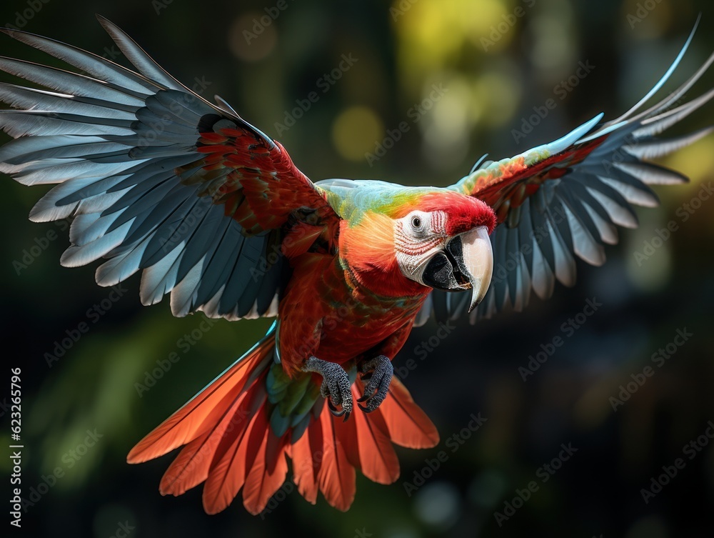 Stock-Foto „Hybrid parrots in forest. Macaw parrot flying in dark green ...