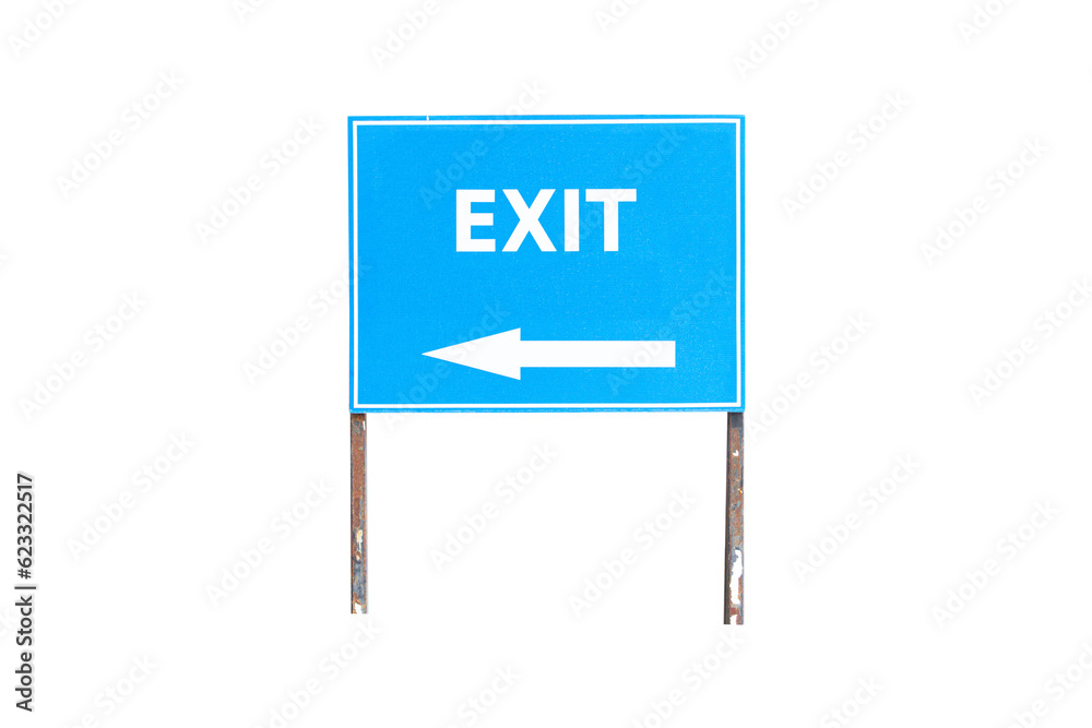Blue and white plastic exit Sign arrow pointing Isolation on cut out ...