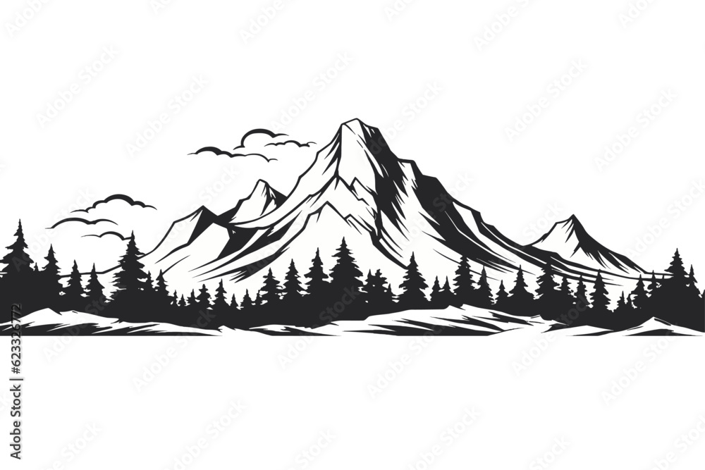 Black and white mountain range with trees wall art, symbolic landscapes ...