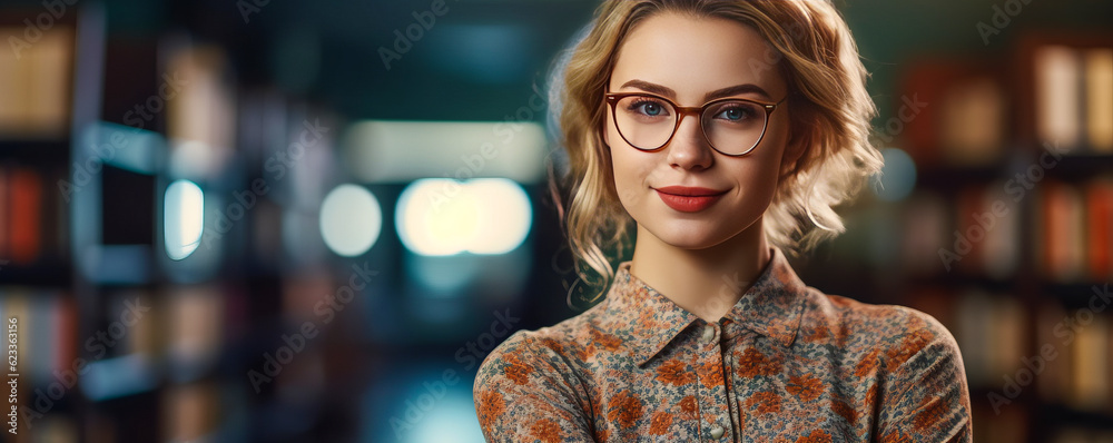 Seductive librarian, stunning and intellectual in glasses amidst ...