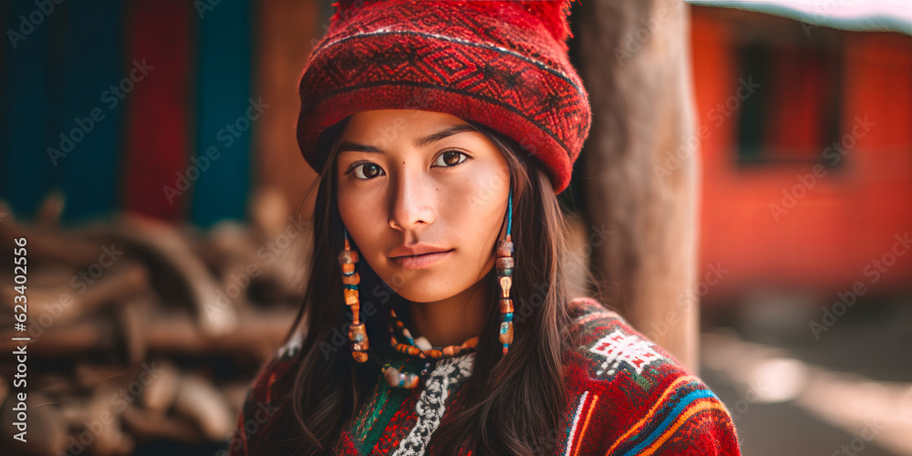 Captivating young Peruvian woman in modern attire amidst a traditional ...
