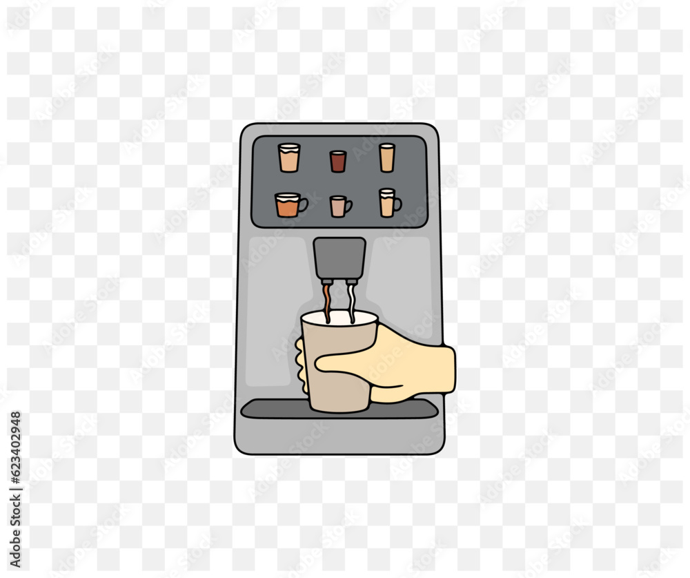 Hand taking coffee cup in vending coffee machine, colored graphic ...