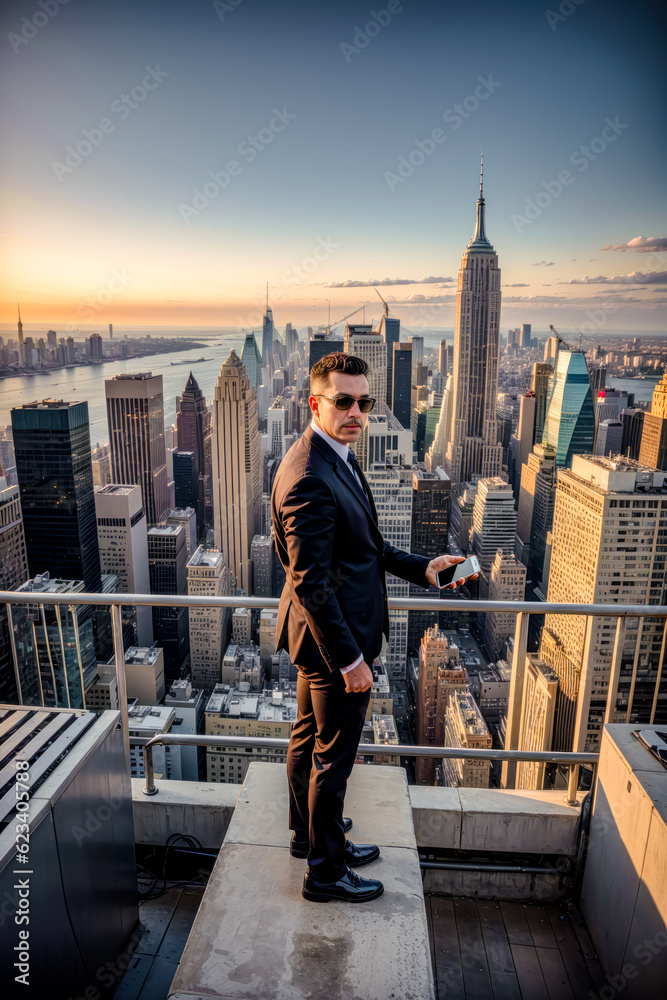 Manager CEO CFO President Stands on the Roof of a Skyscraper Symbolic ...