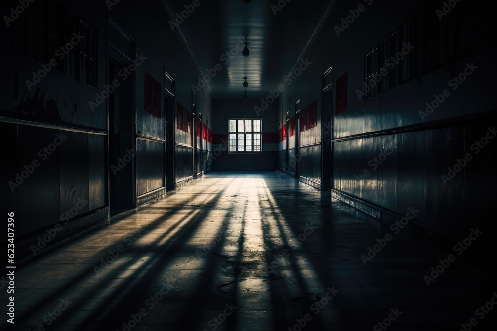 b&w empty dark school corridor with sunlight coming through the windows ...