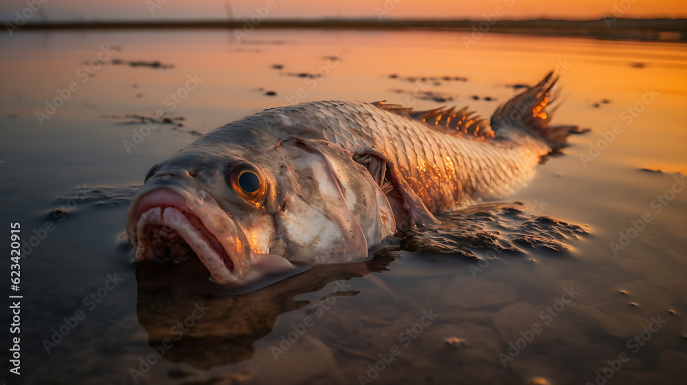Bloated, dead, poisoned fish lies on the river bank, sunset pink ...