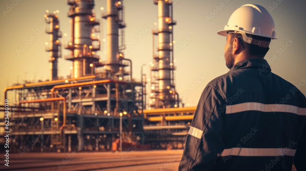 Engineer manager standing front of oil refinery at sunset, Industry ...
