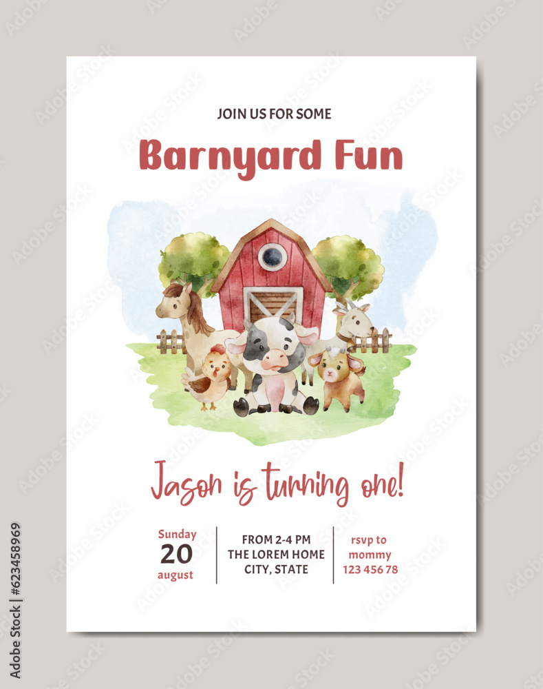 birthday invitation card with farmland theme watercolor background ...