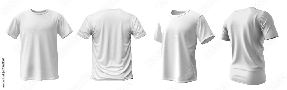 Set of white tee t shirt round neck front, back and side view on transparent background cutout ...