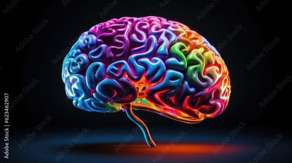 Human brain with multicolored twists close-up on black background ...