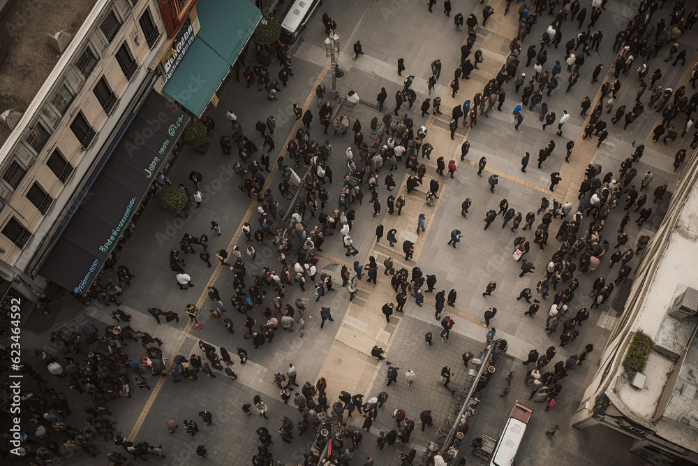 The drone soars high above the crowd, capturing a bird's eye view of ...