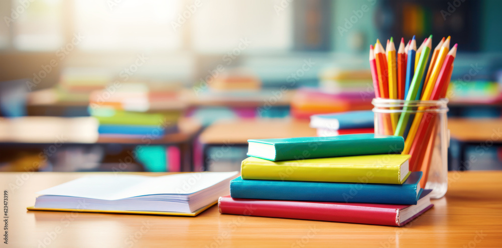 stack of school books and pencils on desk with classroom background ...