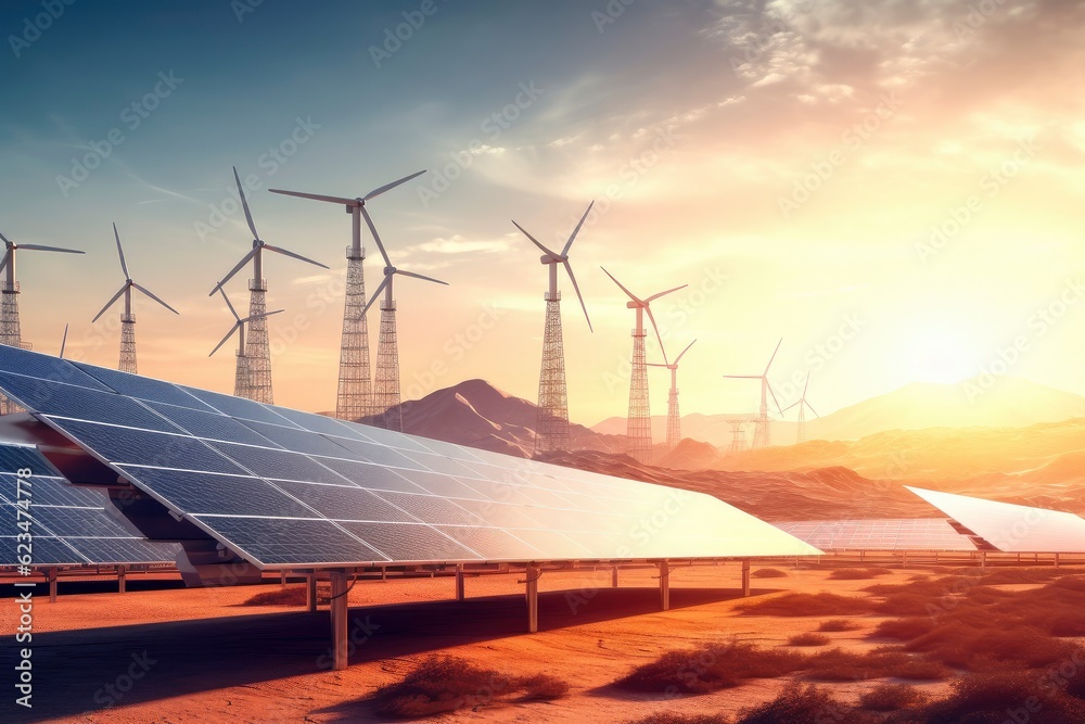 Solar panels and wind turbine on the background of pure blue sky and ...