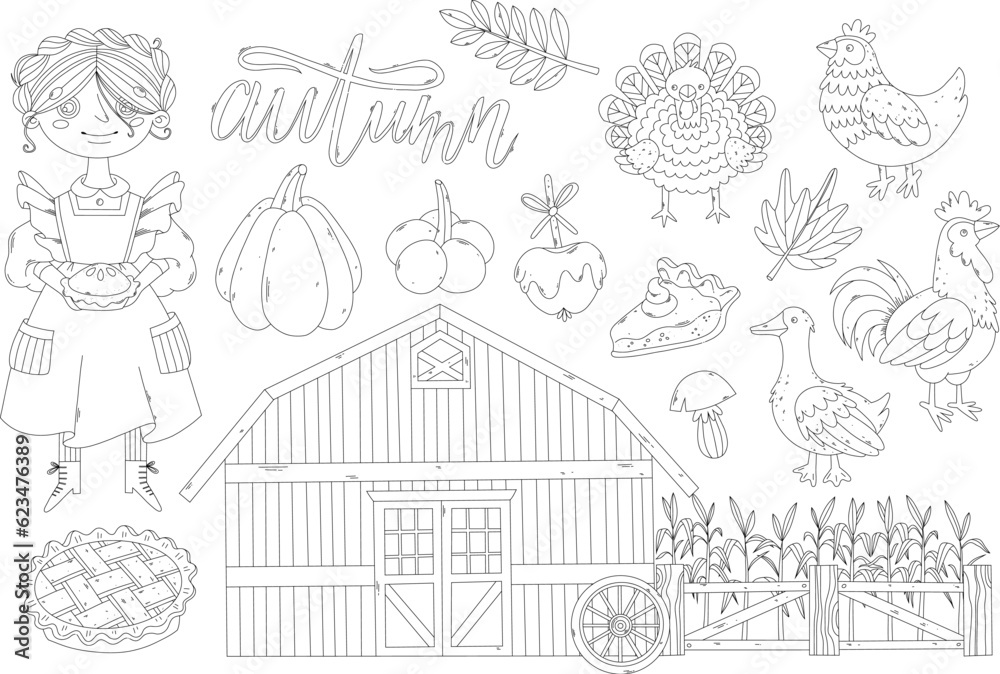 Autumn harvest, farm animals, barn with fence black outline clipart set ...