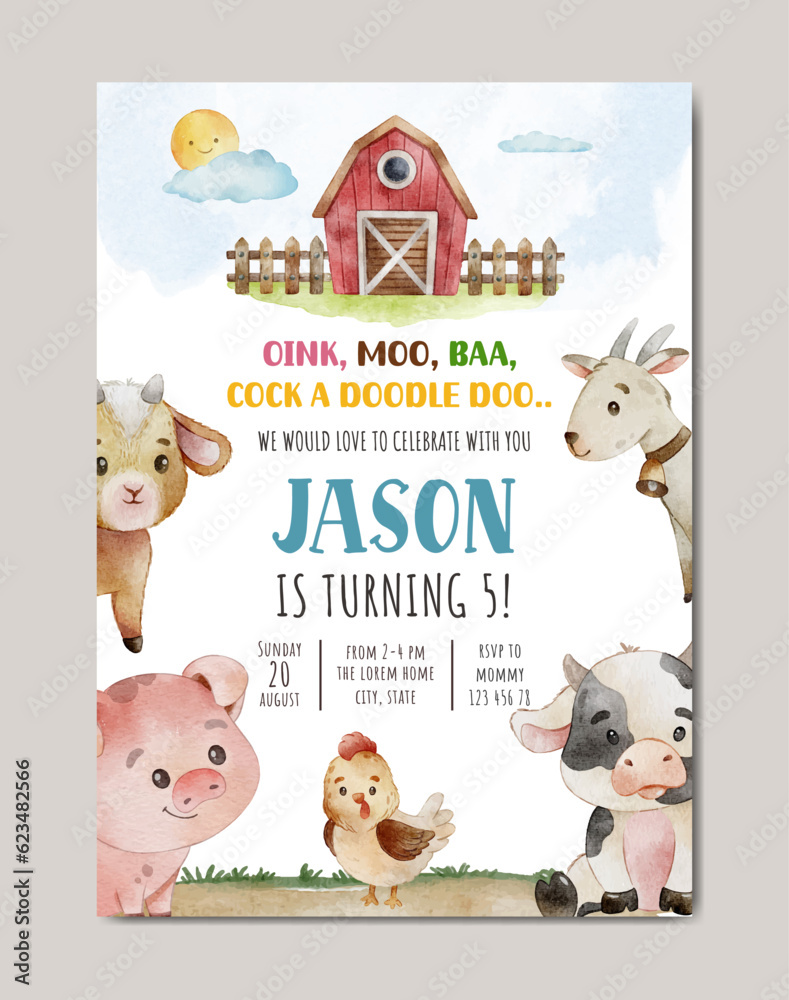 birthday invitation card with farmland theme watercolor background ...