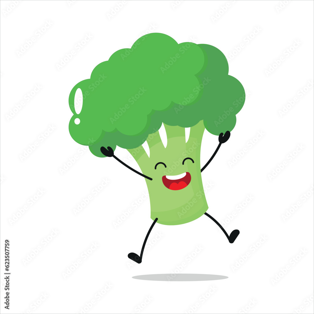 Cute happy broccoli character. Funny jump broccoli cartoon emoticon in ...