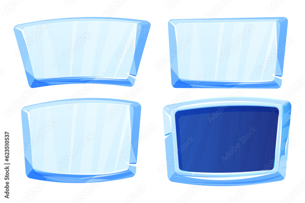 Ice button, frozen frame, level menu in cartoon style isolated on white ...