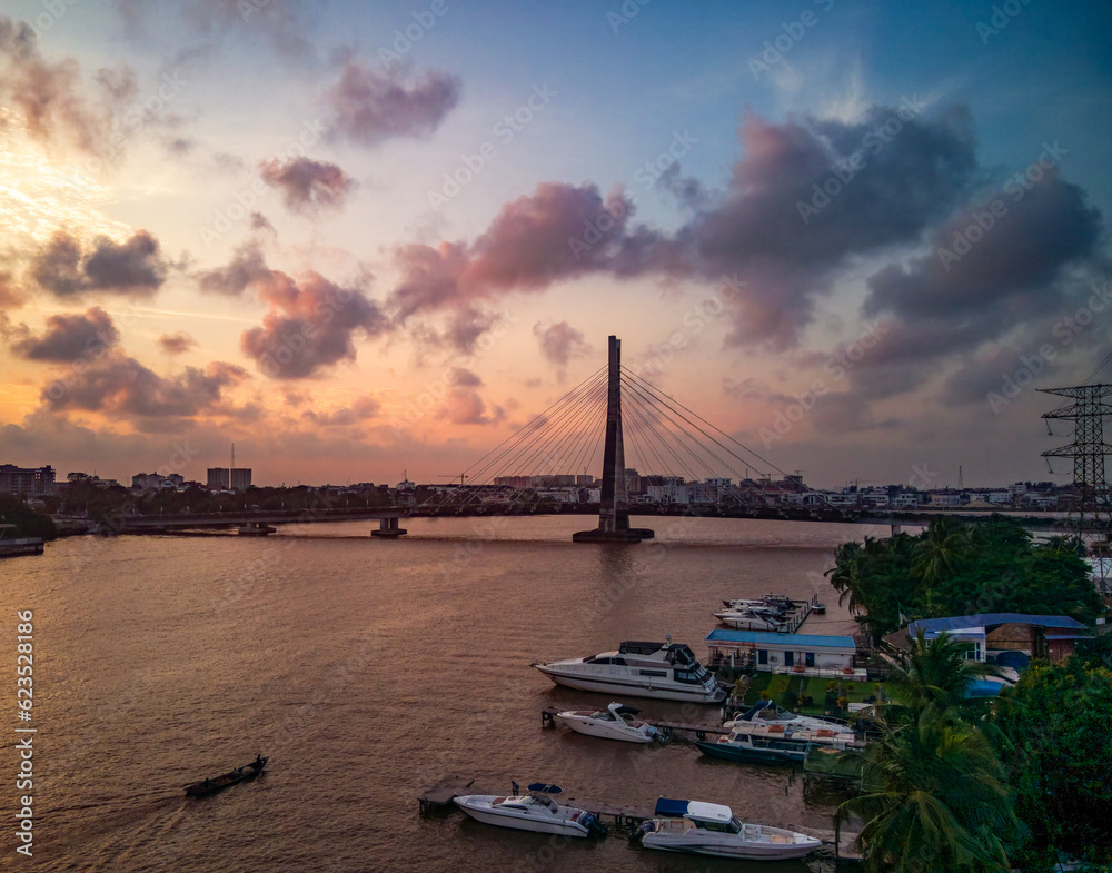 An aerial image of overhead Lekki-Ikoyi link bridge and the lagoon ...