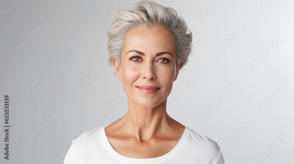 Beautiful portrait of a 50s mid aged mature woman looking at camera isolated on white background ...