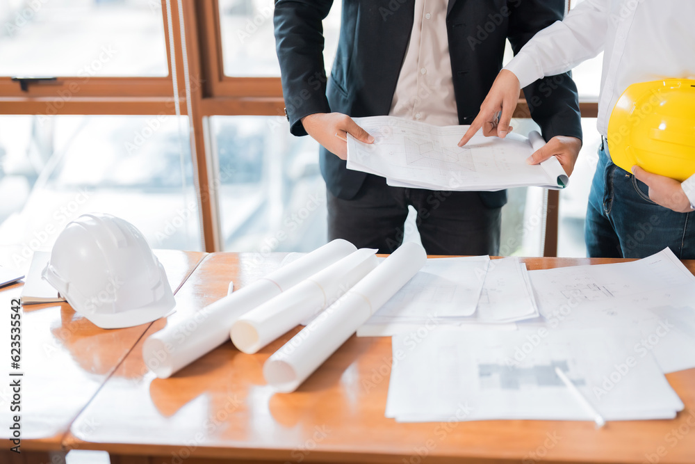 Half-body side view of 2 Asian male engineers or architects in office ...