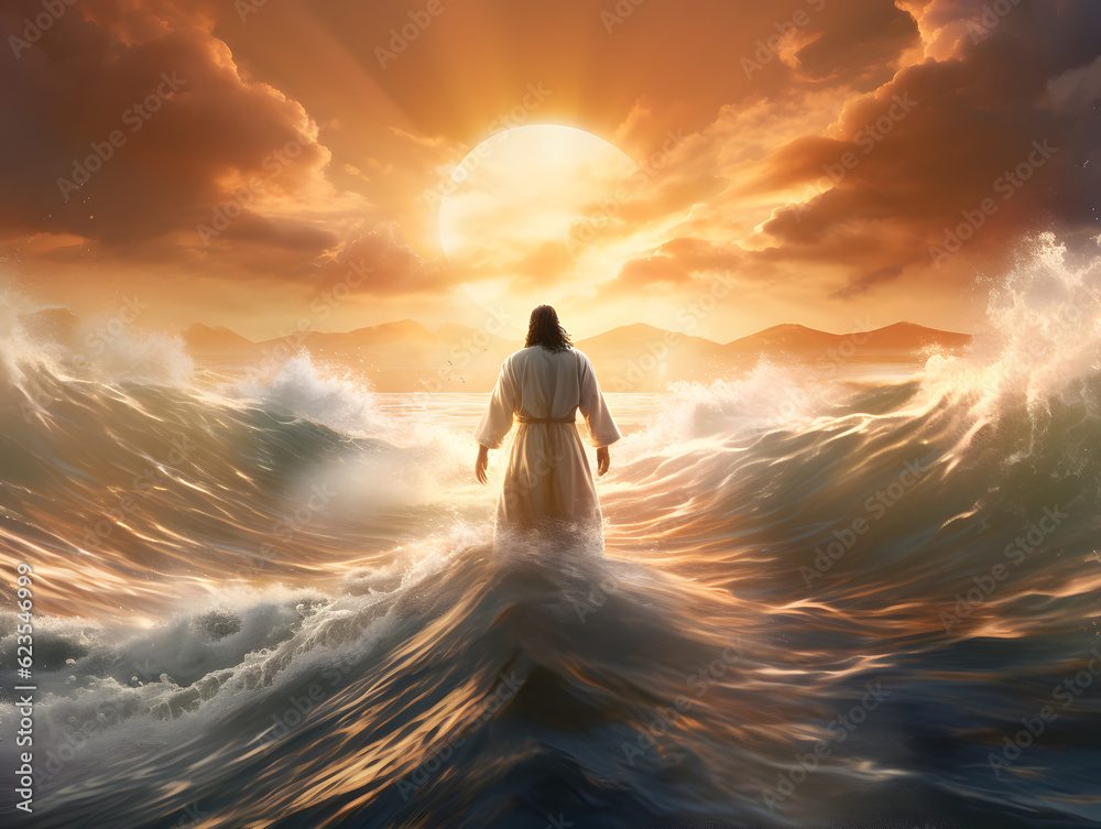 Jesus Christ walking on water during storm at sunset. AI generated ...