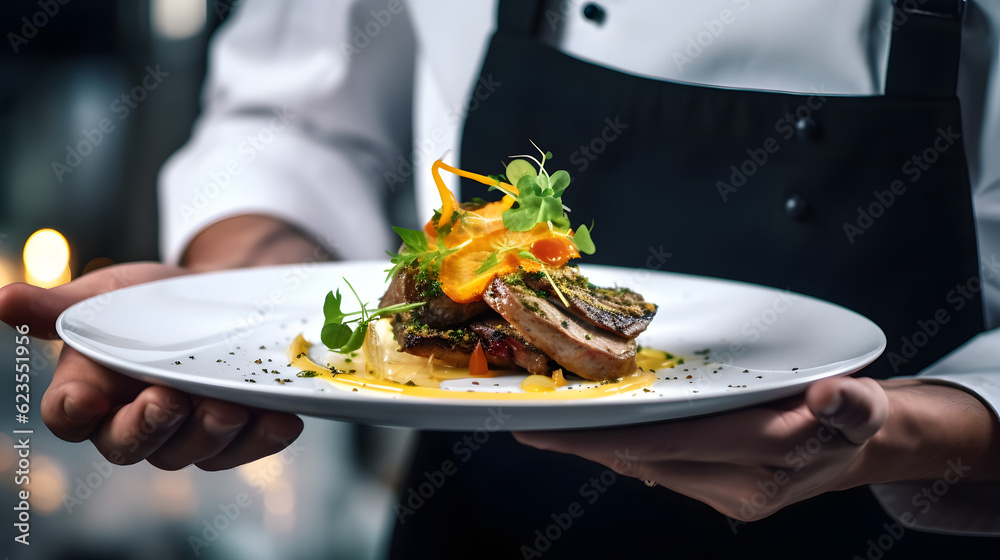 Modern food stylist decorating meal for presentation in restaurant ...