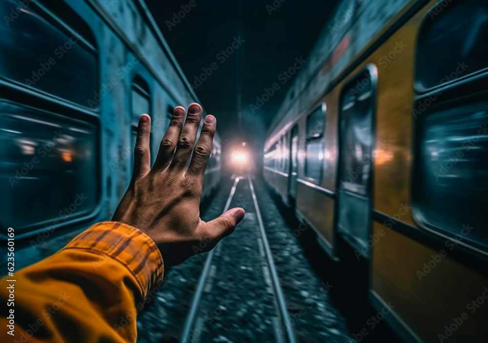 Danger Encounter: Man Stands Between Railcars, Raising His Hand in ...