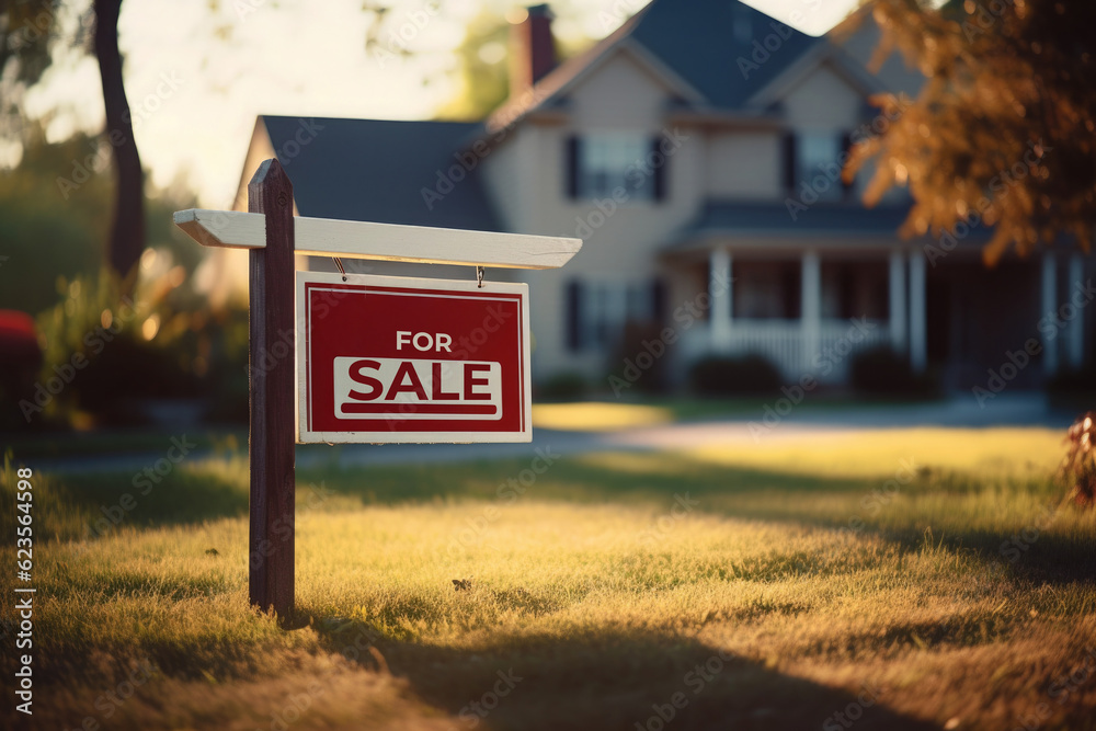 For sale sign near american family house in suburban neighborhood. Real ...