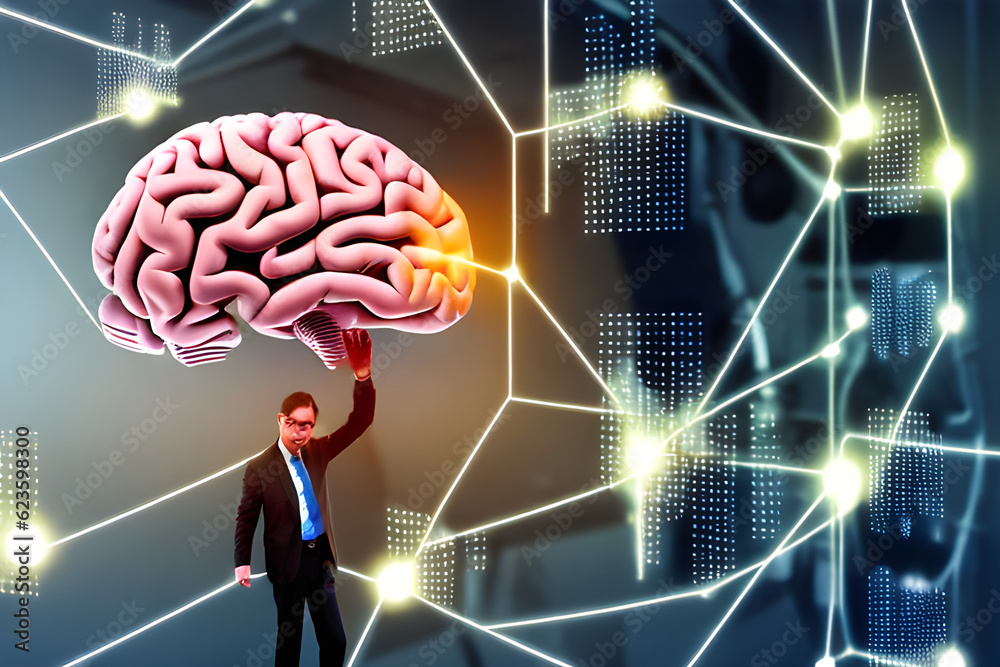 Businessman touching circuit of brain working of Artificial Intelligence (AI) The futuristic ...