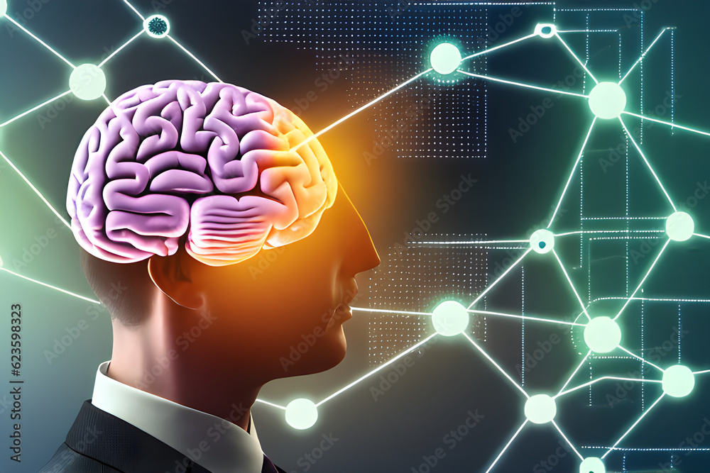 Businessman touching circuit of brain working of Artificial ...