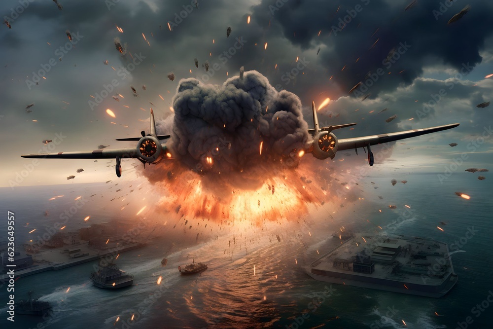 war planes shot each other and exploded in the sky in the world war II ...