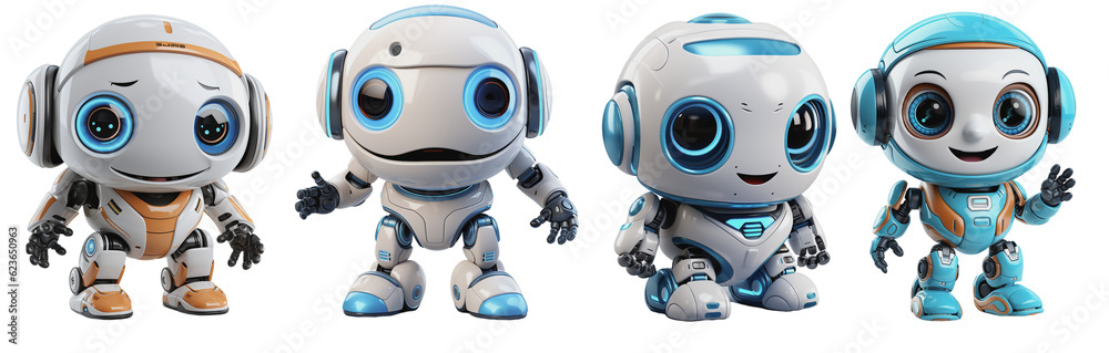 collection of little cute mini robots on a transparent background ...
