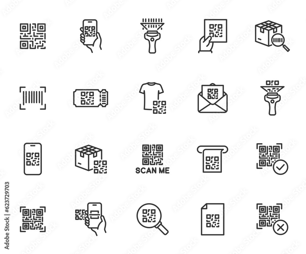 Vector set of QR code line icons. Contains icons show code, scan me ...