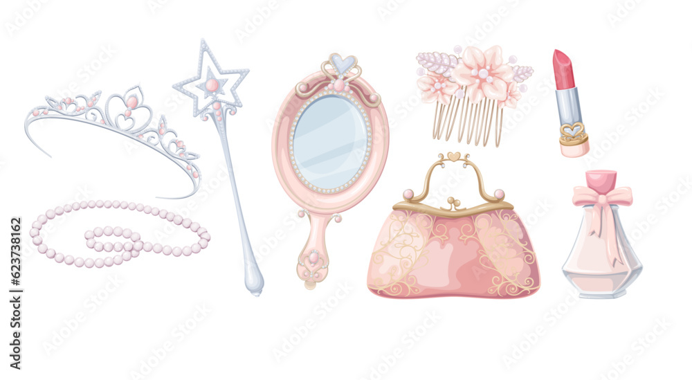 Princess jewelry and accessory set vector illustration. Cartoon ...