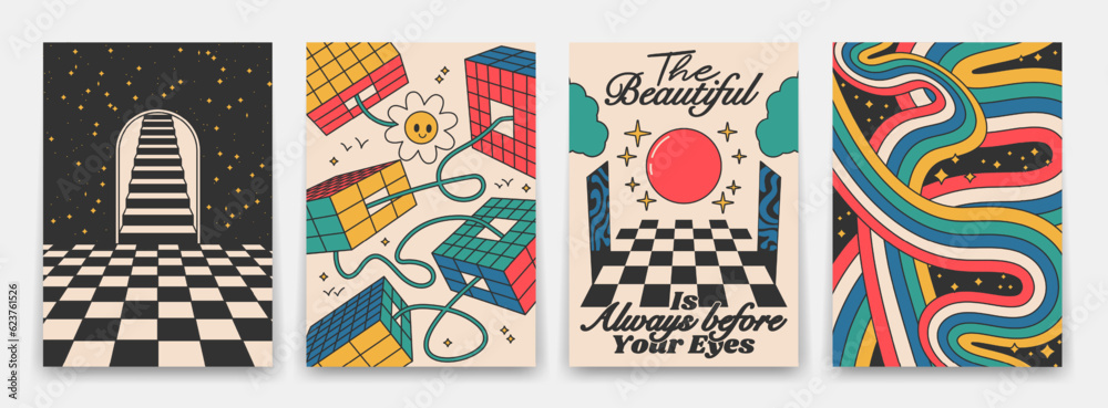 Collection of bright groovy posters 70s. Retro poster with psychedelic ...