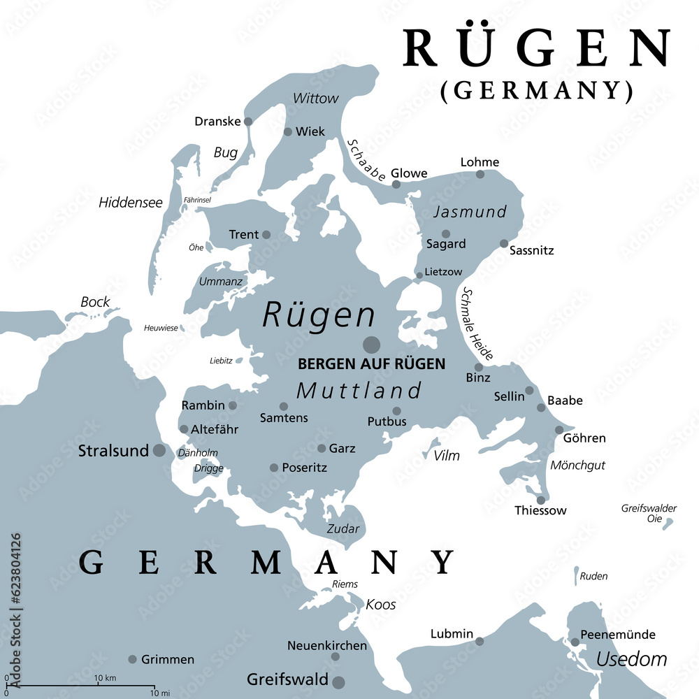 Rügen, Ruegen or Rugia, the largest island of Germany, gray political ...