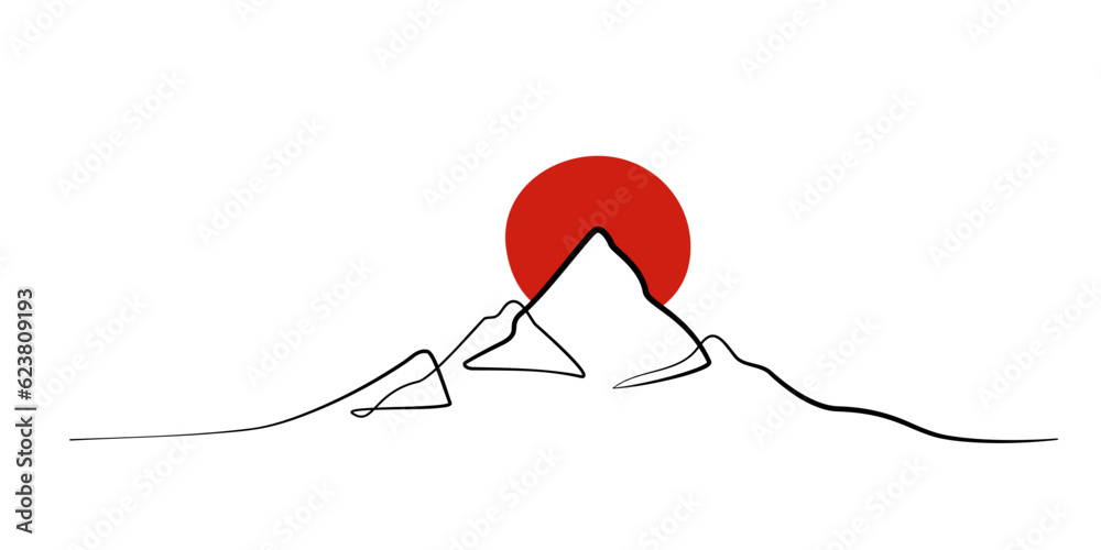 Continuous line drawing of sun and mountain range landscape background ...
