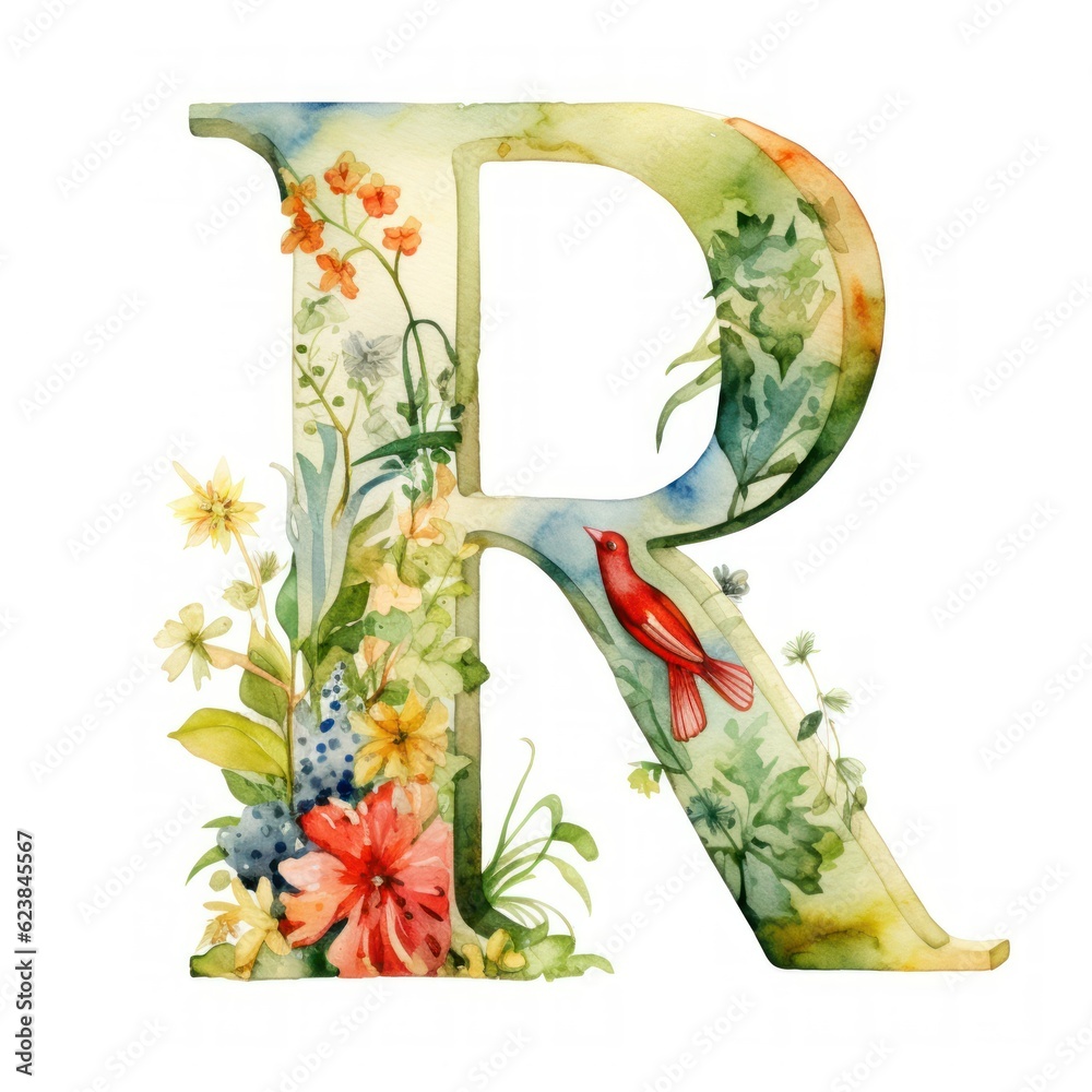 Colorful Floral Watercolor Alphabet Letters. Letter R. Isolated on ...