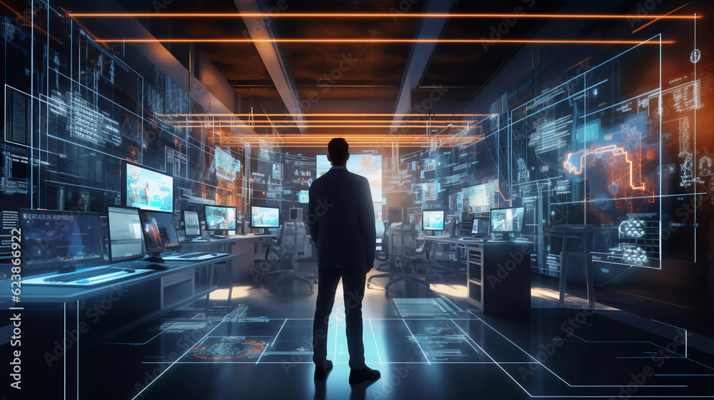 Digital graphics Futuristic 3D Concept, Big Data Center, Chief Technology Officers Standing In ...