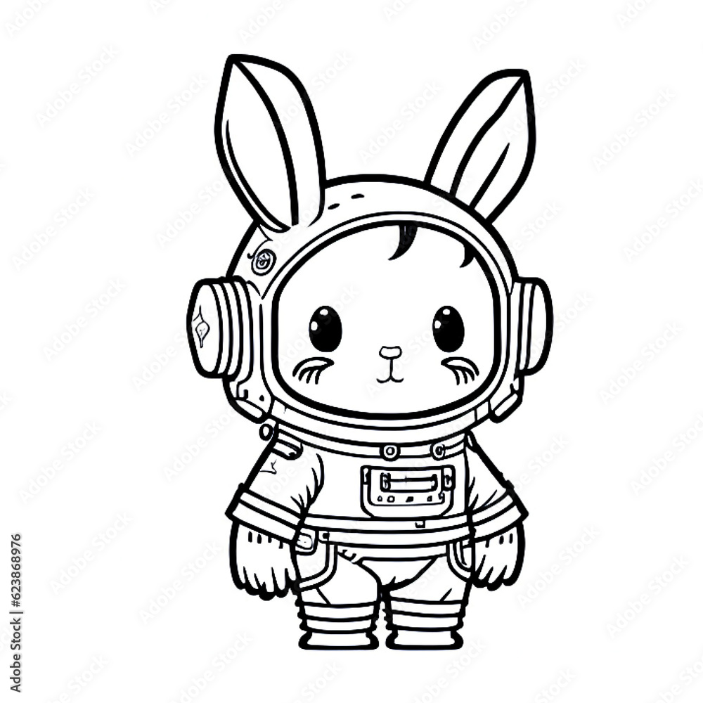 rabbit in an astronaut suit in a space helmet, standing on two feet ...