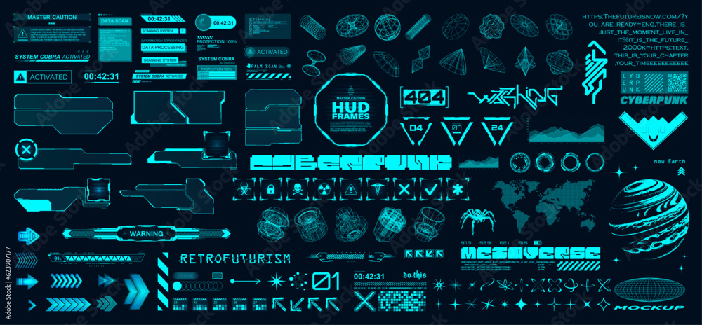 Hi-tech elements and HUD interface. Cyberpunk and retrofuturistic graphic box. Digital arts ...