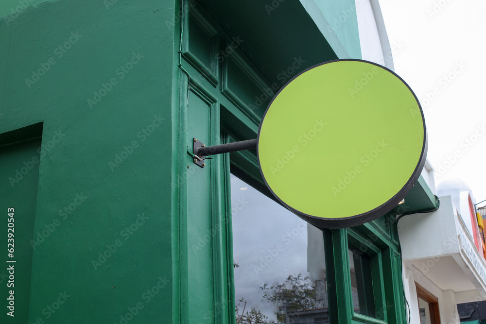Blank rounded store signage for mockup. Rounded signboard hanging ...